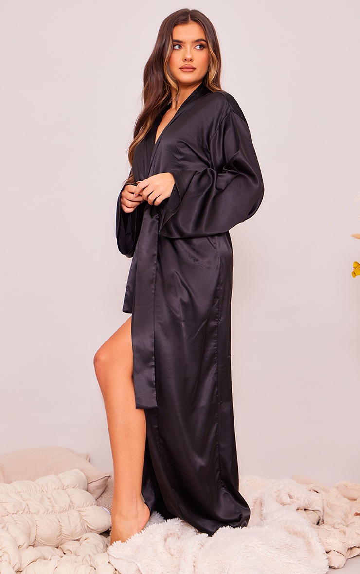 Black Long Satin Tie Robe | Lingerie & Nightwear | PrettyLittleThing USA