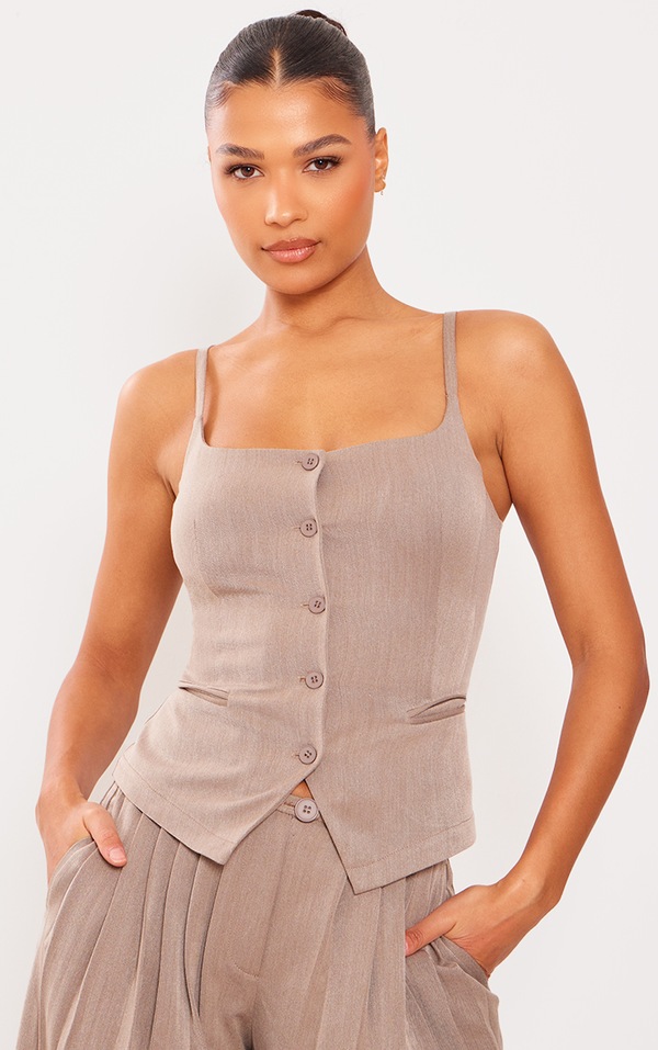 Premium Taupe Woven Button Up Detail Tailored Top | PrettyLittleThing