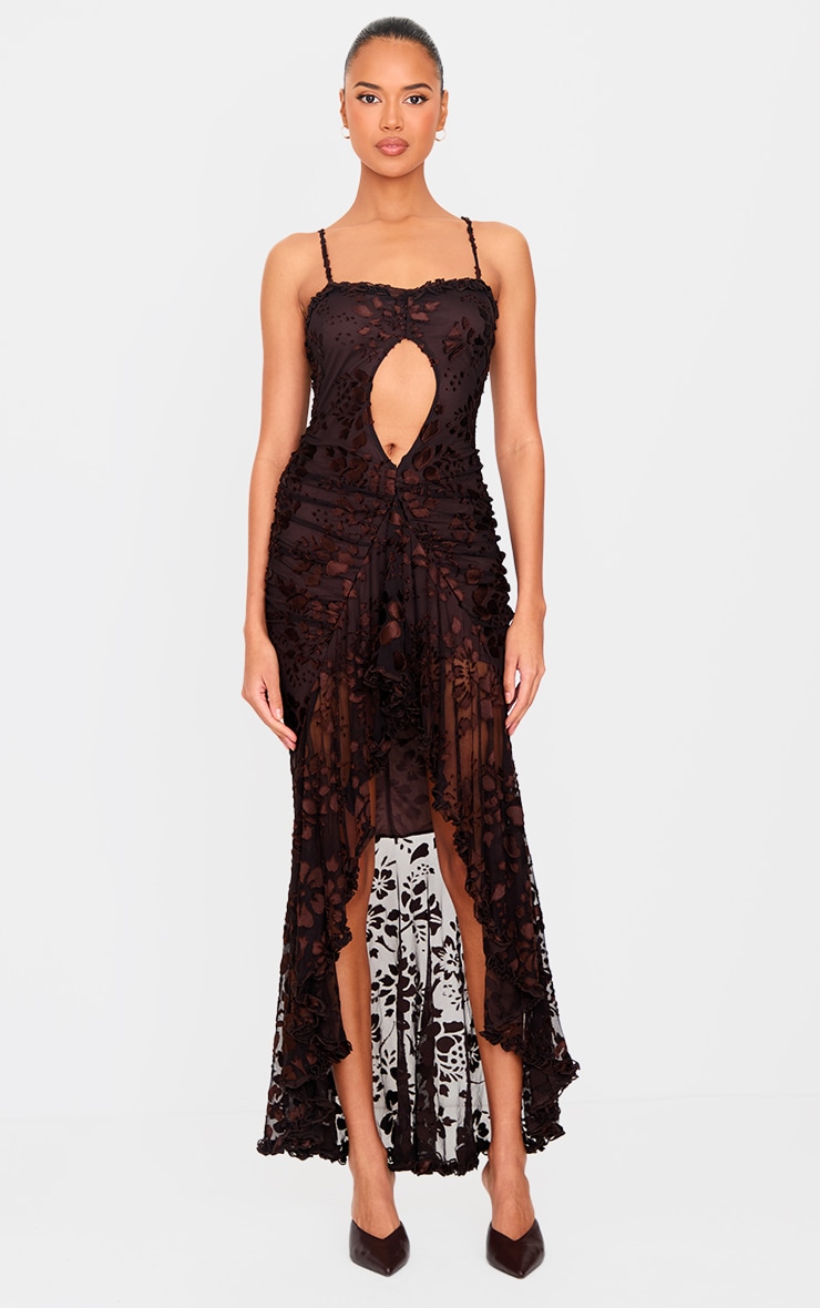 Brown Devore Cut Out Frill Detail Dress | Dresses | PLT