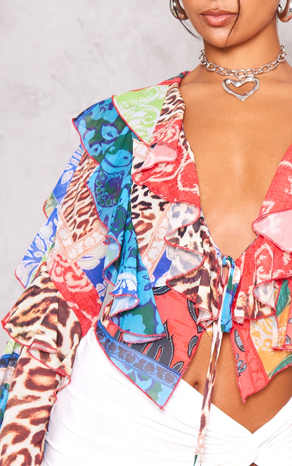 Multi Patchwork Paisley Frill Sleeve Blouse | Tops | PrettyLittleThing AUS