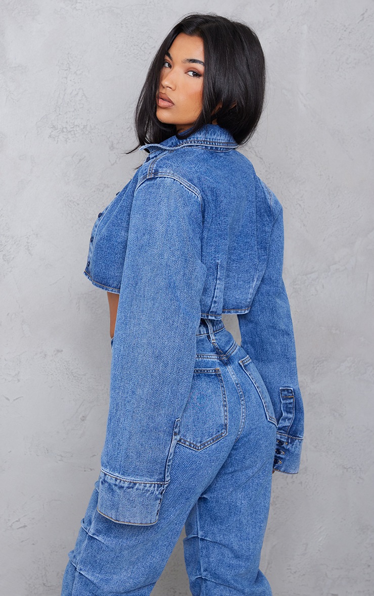 Mid Blue Wash Denim Cropped Shirt | Denim | PLT
