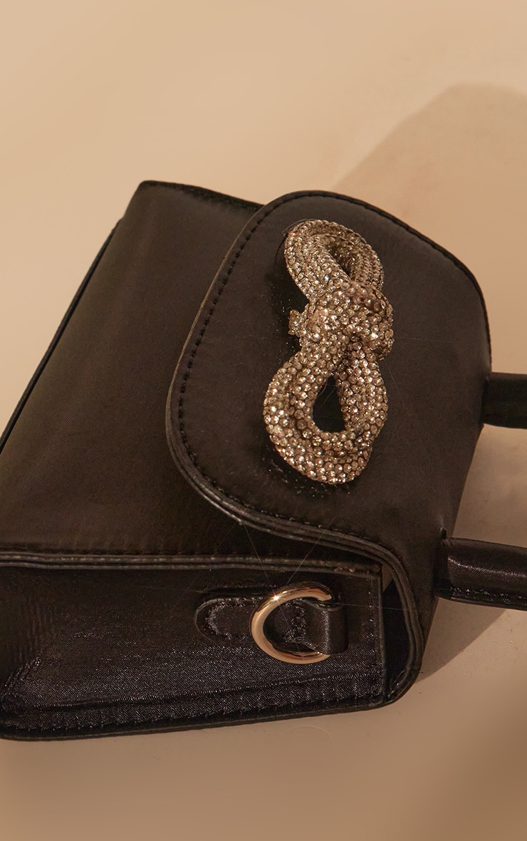 Black Satin Diamante Bow Trim Mini Grab Bag | PrettyLittleThing IE