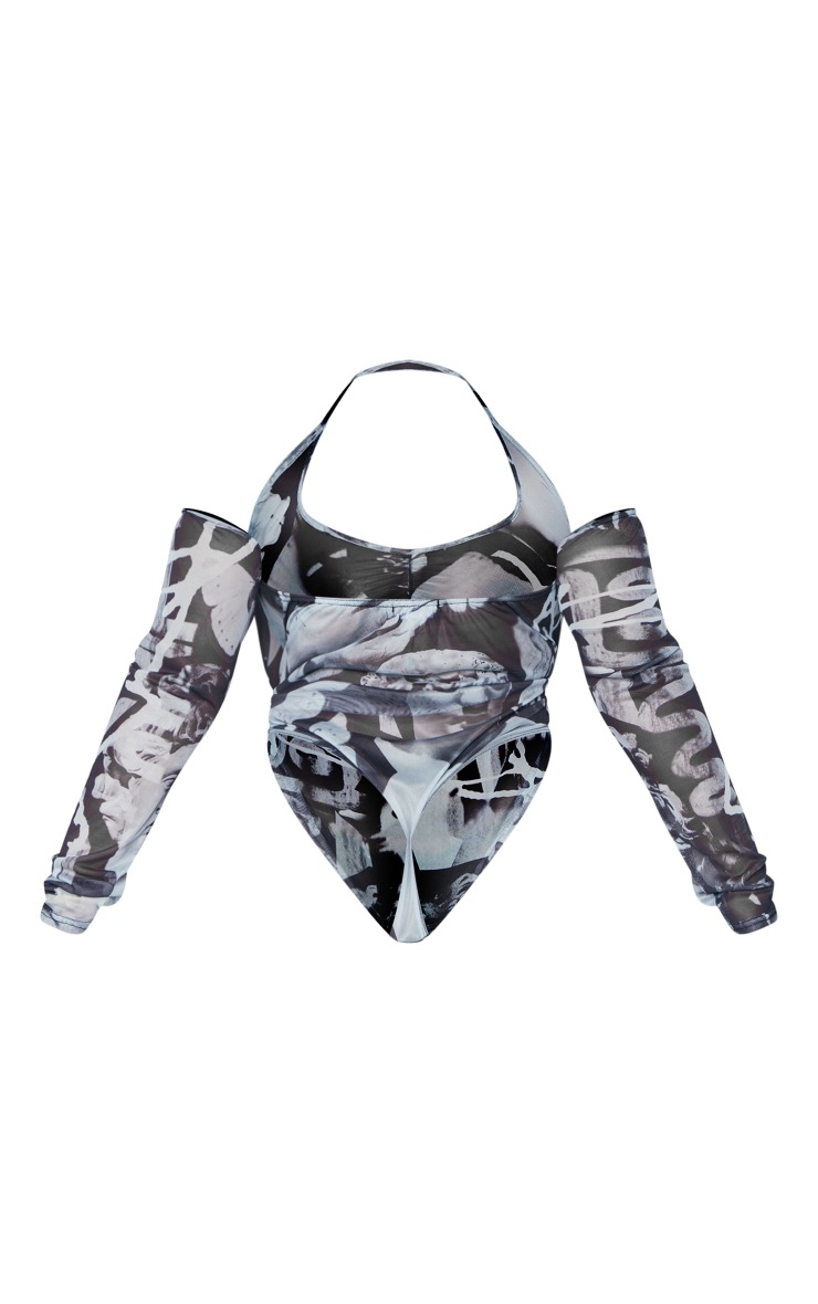 Plus Black Halterneck Longsleeve Mesh Bodysuit | Plus Size | PLT