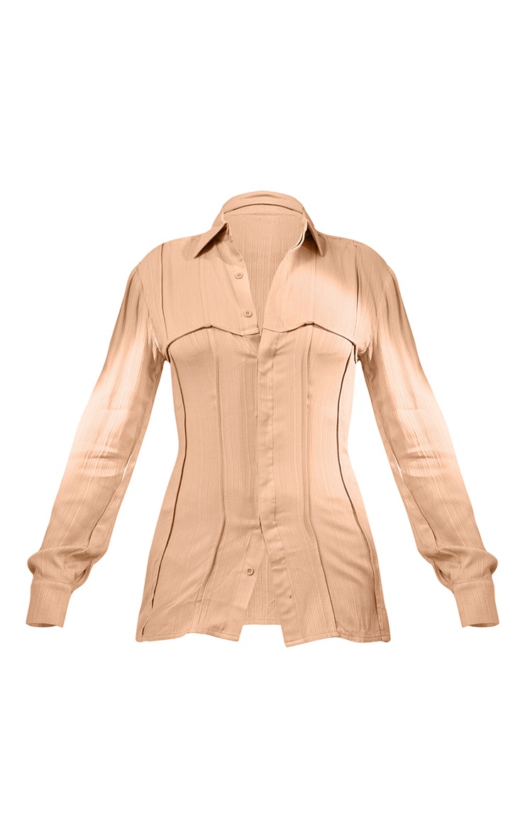 Camel Textured Stripe Panel Detail Shirt | Co-ords | PLT
