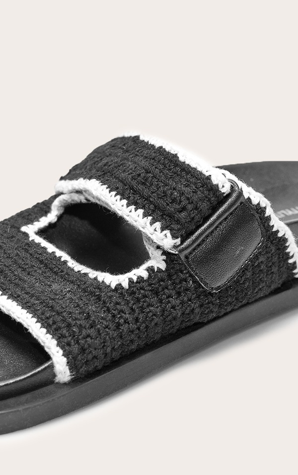 Black Contrast Crochet Velcro Strap Flat Footbed Sandals | Footwear ...