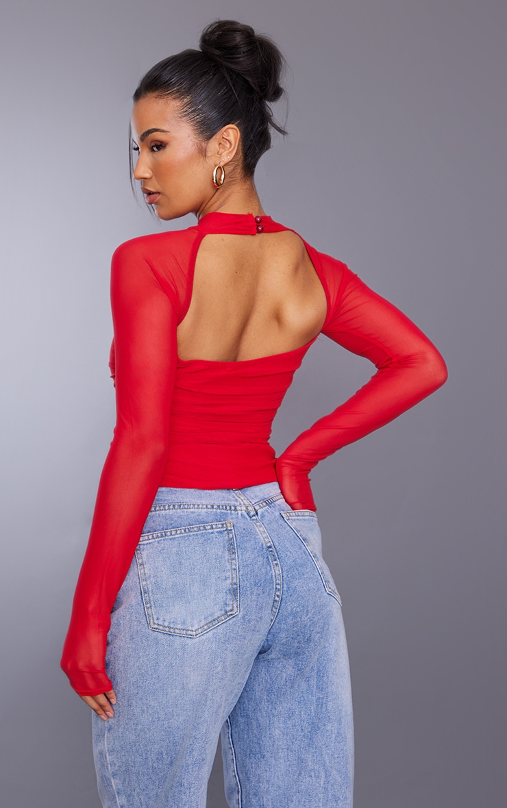 Red Mesh Ruched Cut Out Top | Tops | PrettyLittleThing