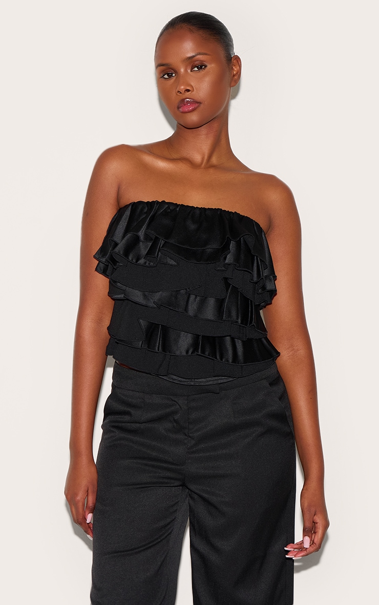 Black Satin Ruffle Bandeau | Tops | PrettyLittleThing