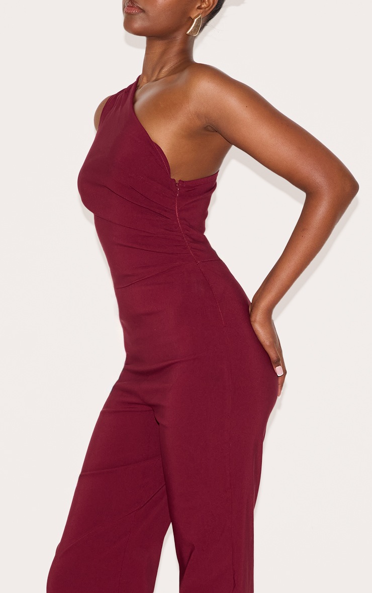 Wine Stretch Woven One Shoulder Flare Jumpsuit | Dresses | PLT