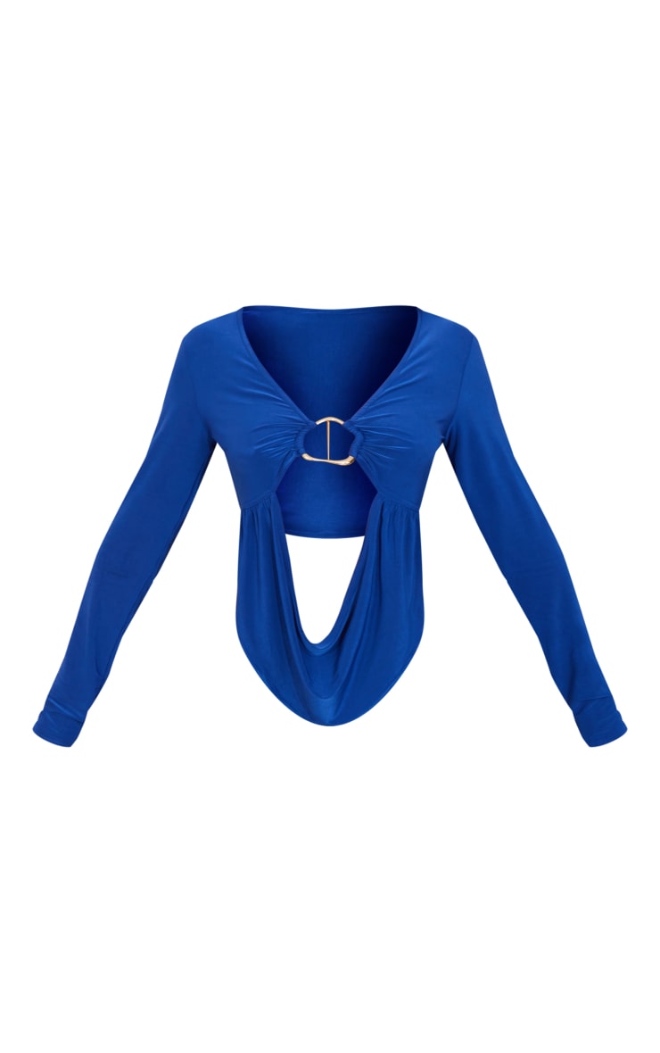 Petite Blue Slinky Drape Long Sleeve Crop Top | PrettyLittleThing USA