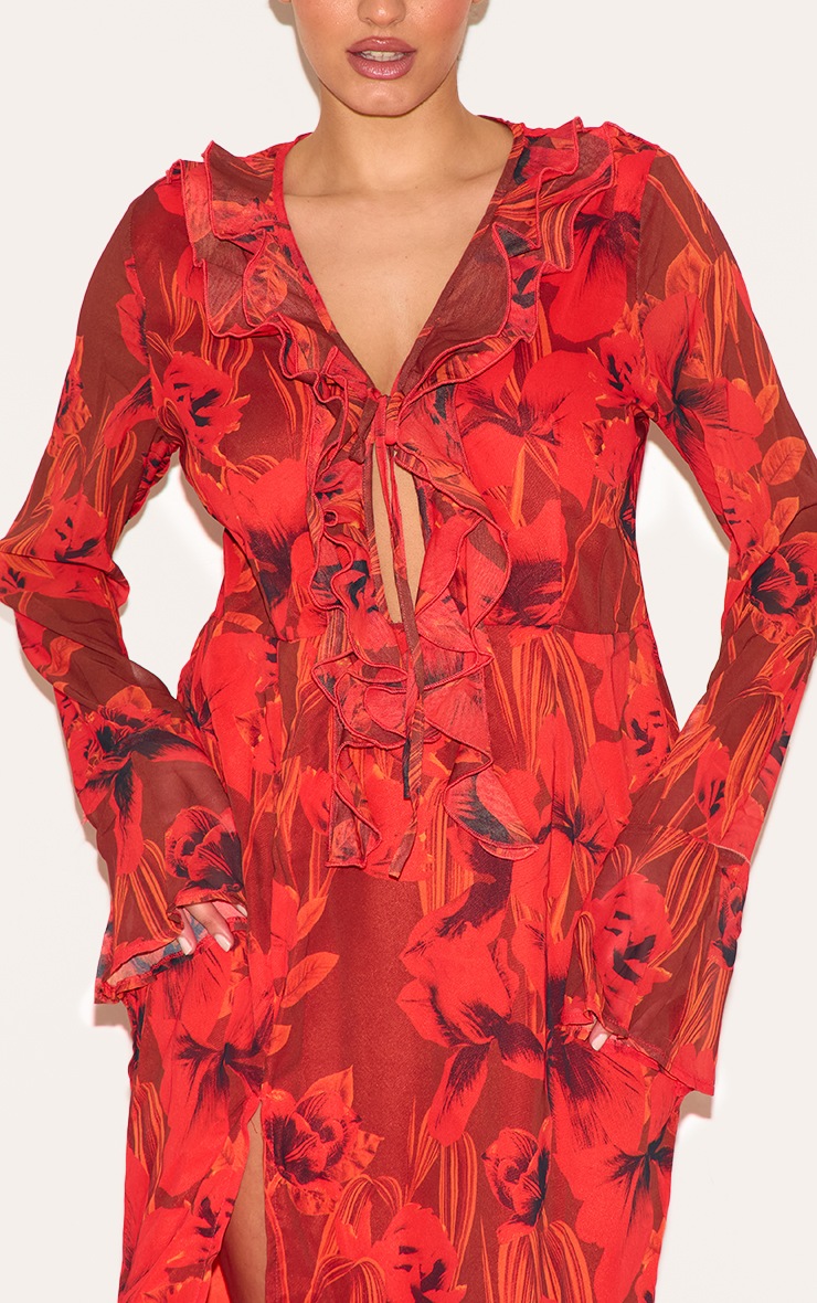 Plus Red Floral Print Chiffon Frill Midi Dress | Plus Size | PLT