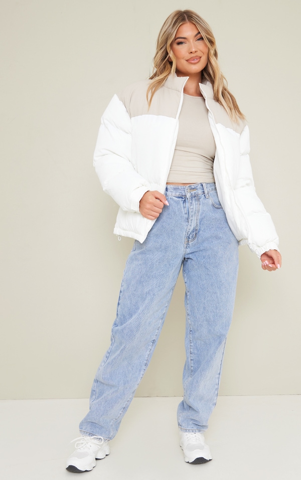 White Stone Contrast Panel Oversized Puffer Coat | Outerwear | PLT IRE