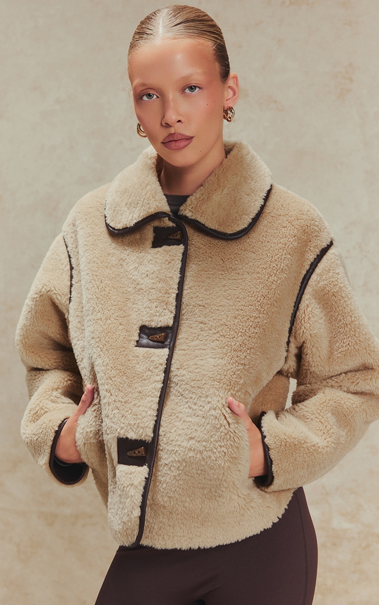 Beige Borg Cropped Coat | Outerwear | PrettyLittleThing USA