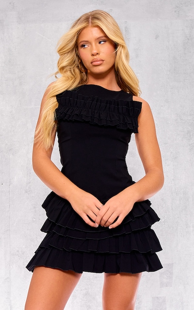 Black Ruffle Dress Mini | PrettyLittleThing