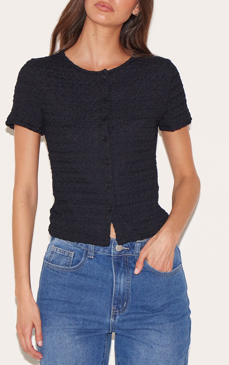 Black Textured Button Up Fitted Top | Tops | PLT