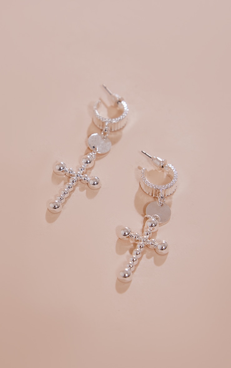 Silver Sphere Cross Statement Earrings | PrettyLittleThing USA