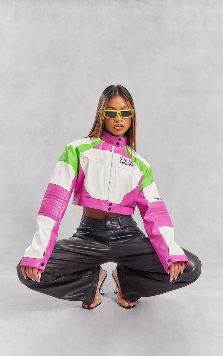 White Pu Shoulder Padded Cropped Racer Jacket | PrettyLittleThing USA