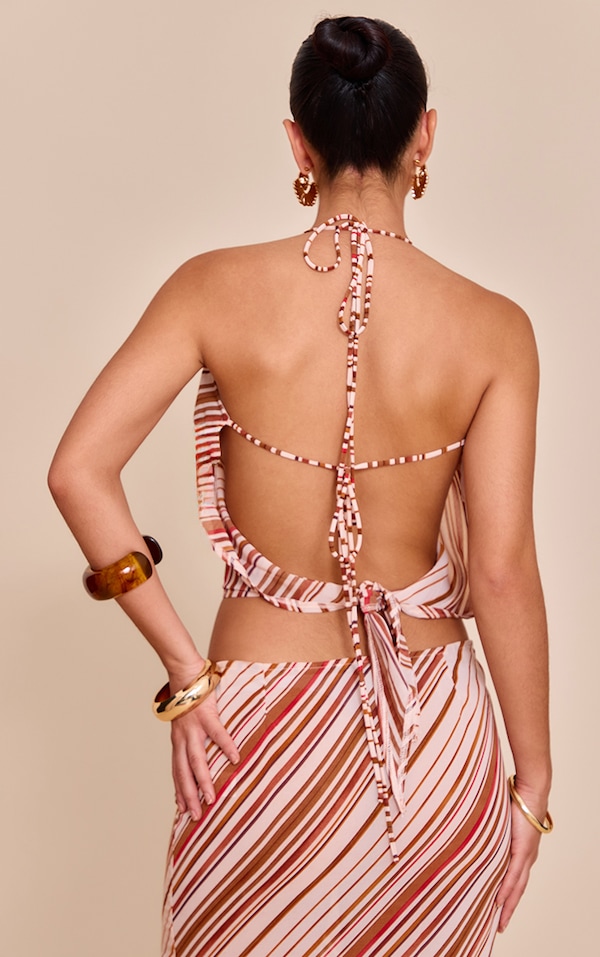 Rust Chiffon Striped Halterneck Strappy Top | Co-ords | PLT