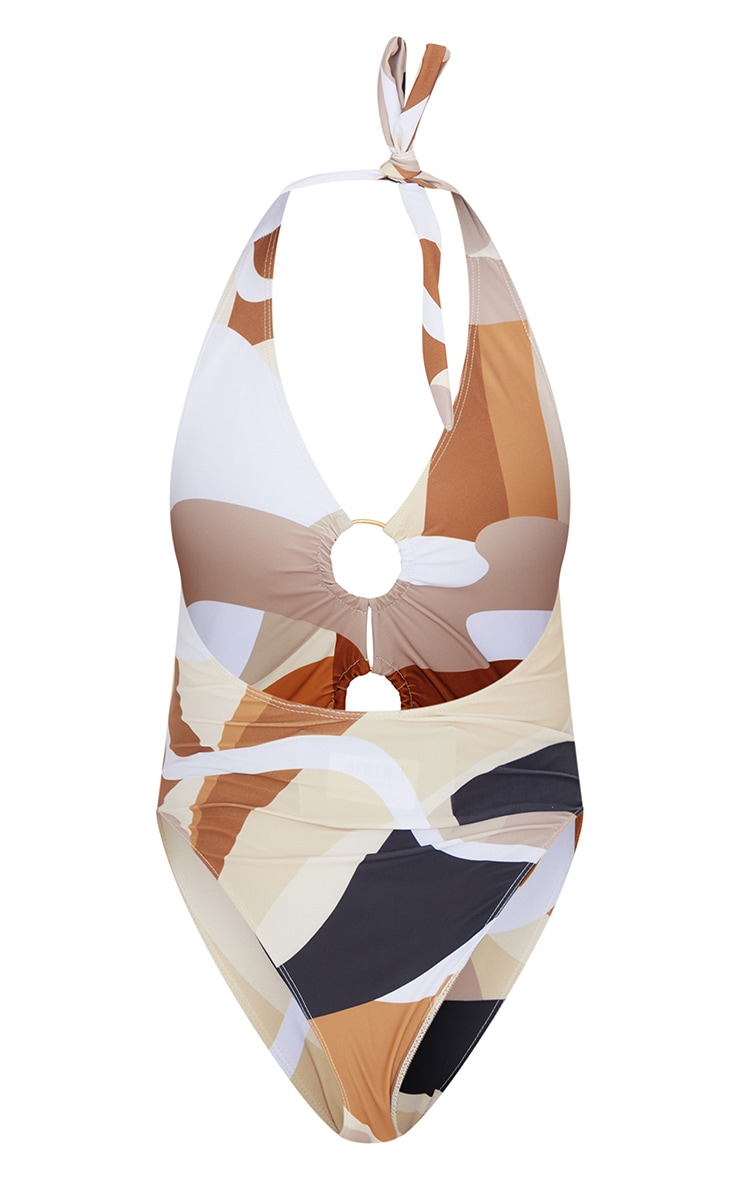 Brown Abstract O Ring Swimsuit | Swimwear | PrettyLittleThing UAE