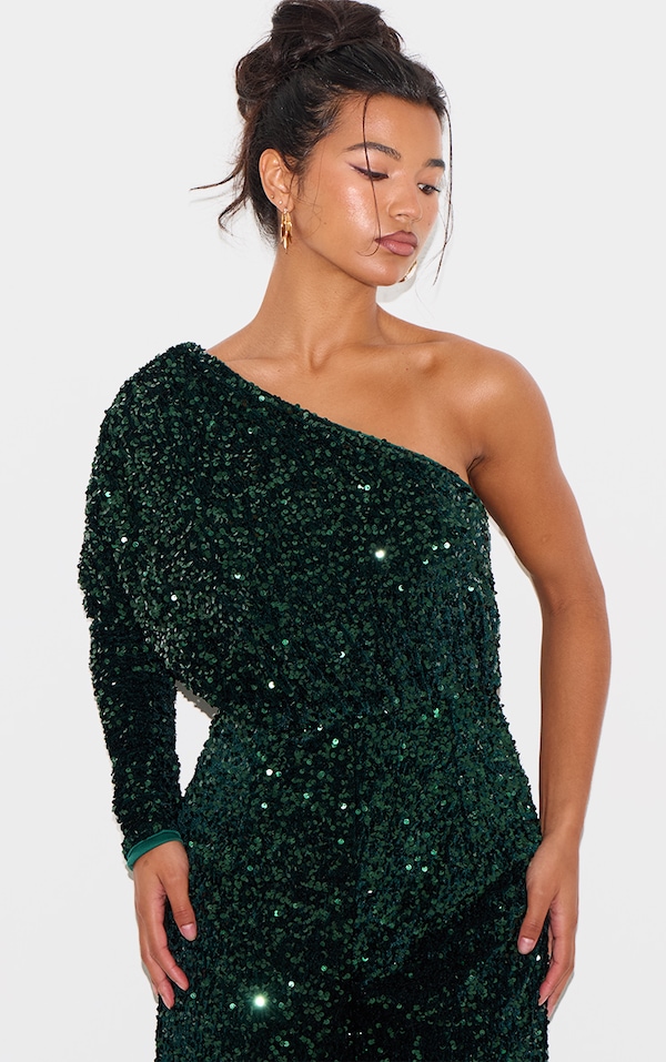 Emerald Green Velvet Sequin One Shoulder Jumpsuit | Dresses | PLT USA