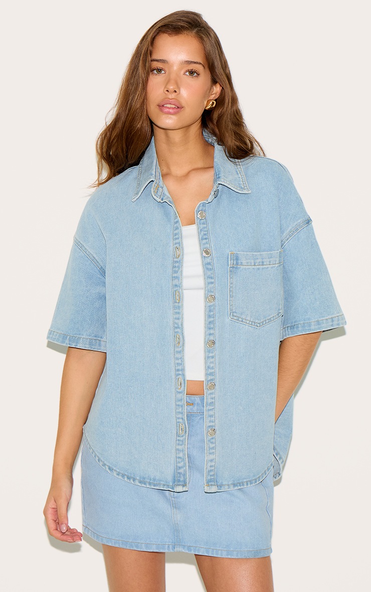 Light Blue Short Sleeved Boxy Style Denim Shirt | Denim | PLT