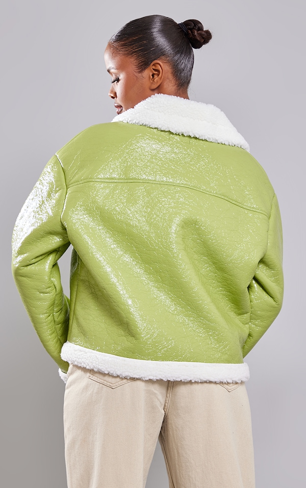 Green Contrast Borg Lined Vinyl Jacket | PrettyLittleThing CA