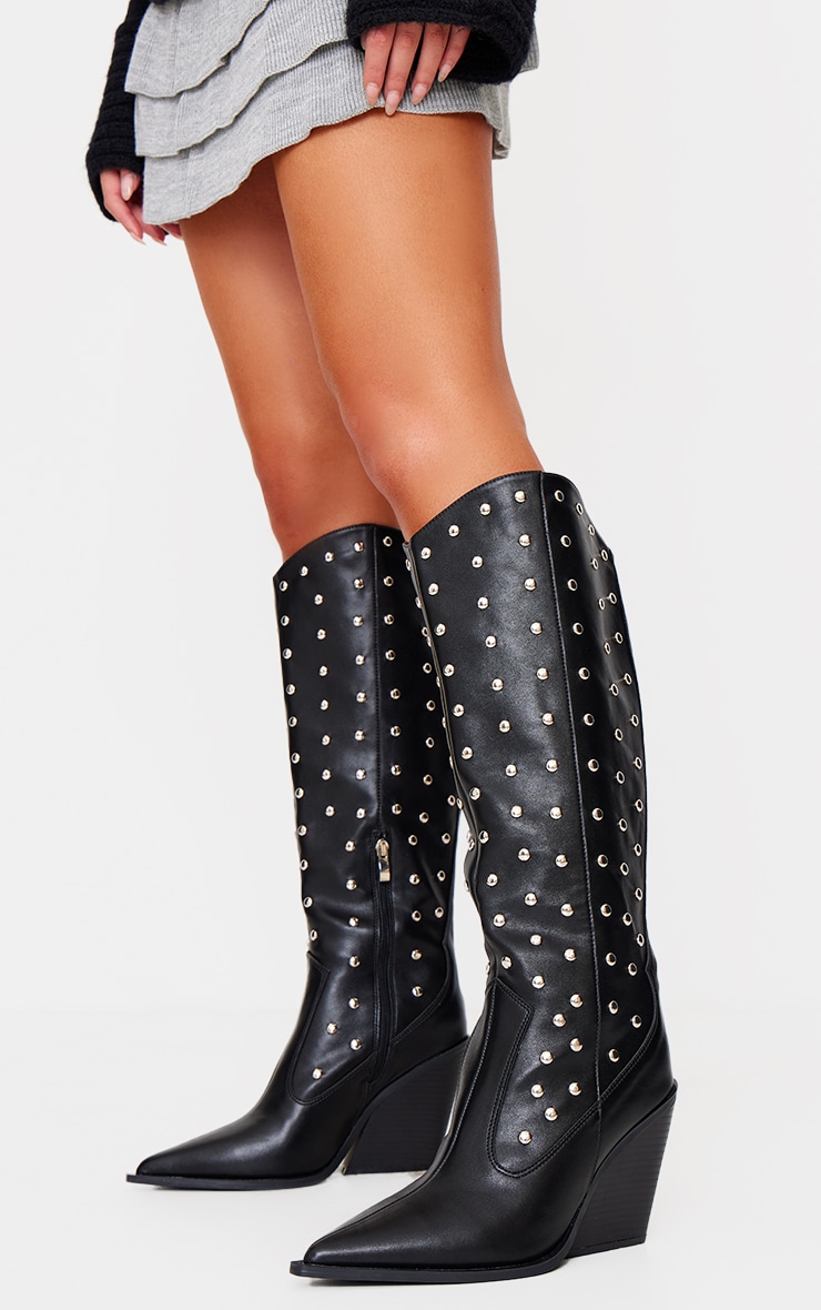 Black Silver Stud Knee High Block Heel Western Boots | Footwear ...