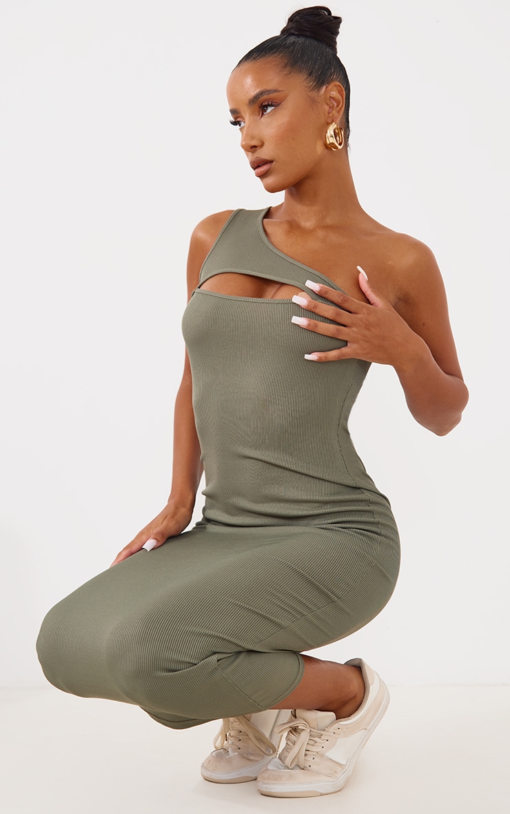 Olive Rib Asymmetric Cut Out Midaxi Dress | PrettyLittleThing USA