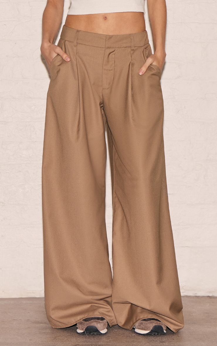 Taupe Woven Double Pleat Wide Leg Trousers | Bottoms | PLT