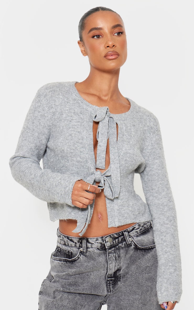 Ash Grey Bow Tie Detail Cardigan | Knitwear | PLT