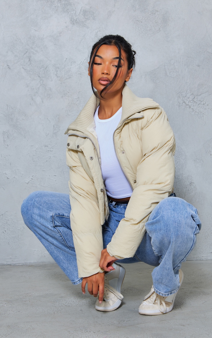 Stone Cropped Double Collar Rib Detail Puffer Coat | PrettyLittleThing CA