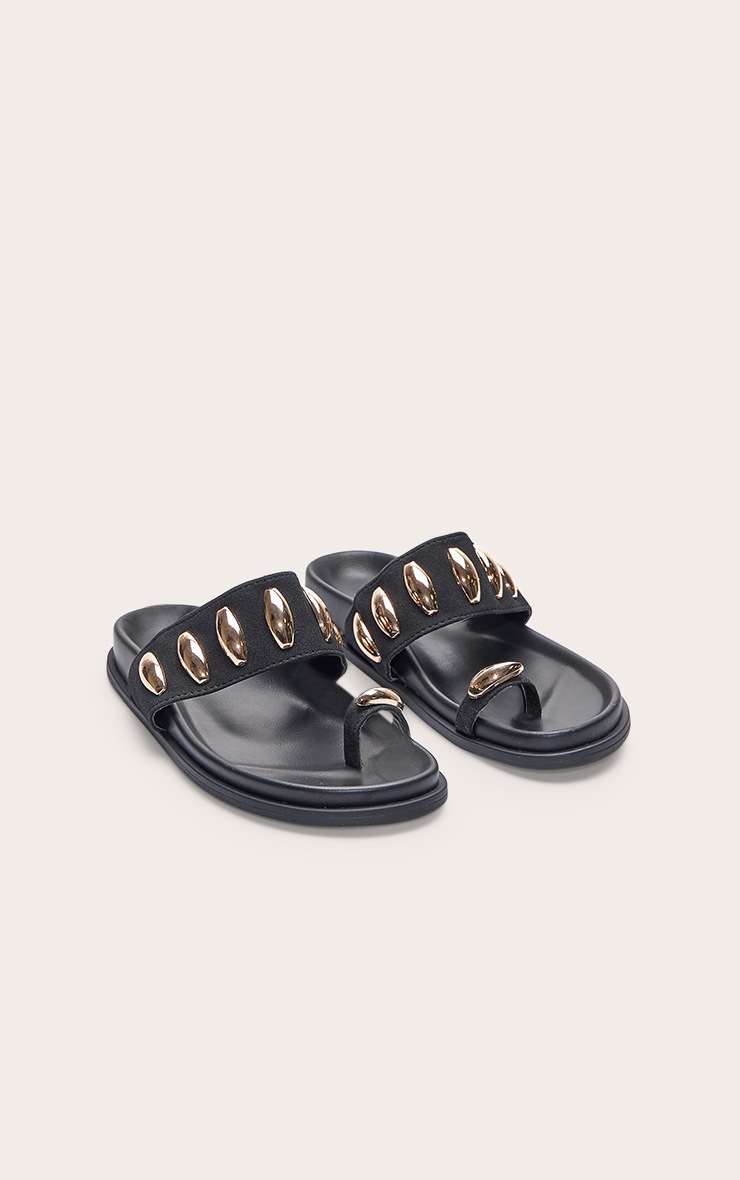 Black Toe Ring Gold Hardware Footbed Sandal | Footwear | PLT