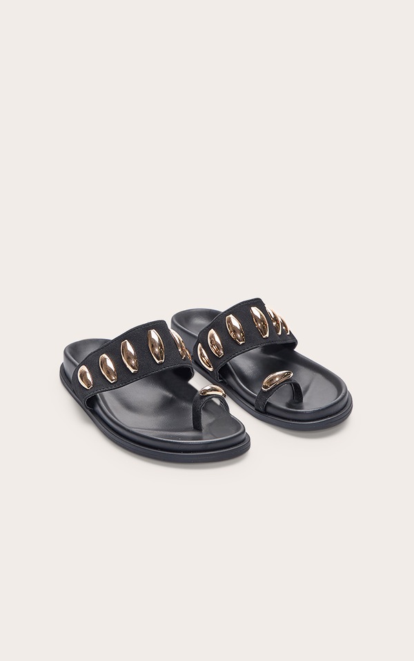 Black Toe Ring Gold Hardware Footbed Sandal | Footwear | PLT