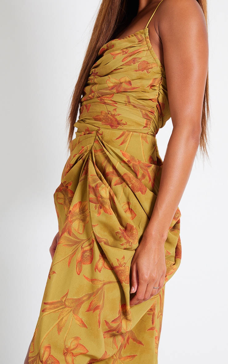 Green Abstract Chiffon Ruched Drape Midi Dress | Dresses | PLT