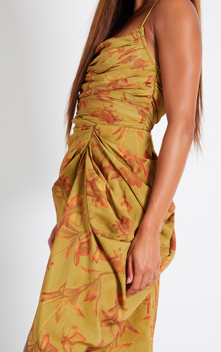 Green Abstract Chiffon Ruched Drape Midi Dress | Dresses | PLT