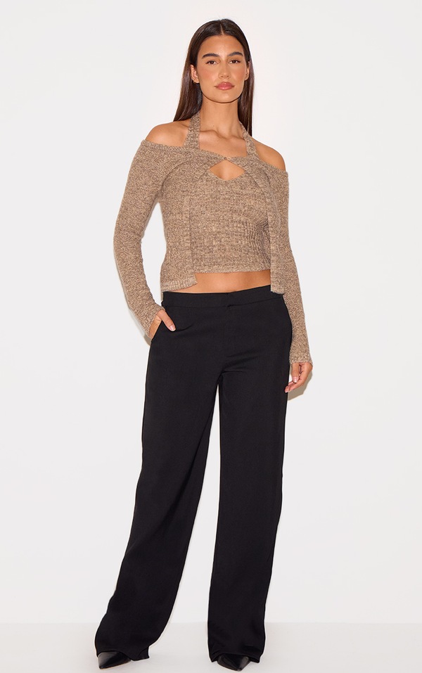 Oatmeal Layered Cold Shoulder Basic Knit Top | Knitwear | PrettyLittleThing