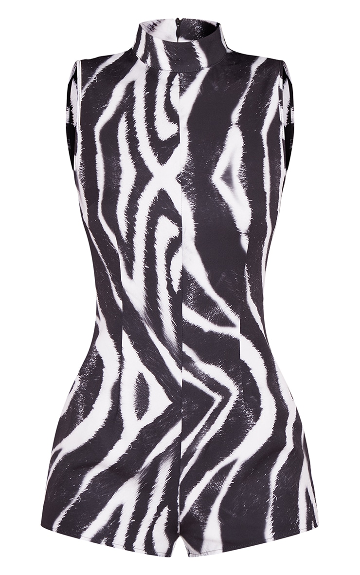 Black Zebra Print Woven High Neck Shift Playsuit | PrettyLittleThing