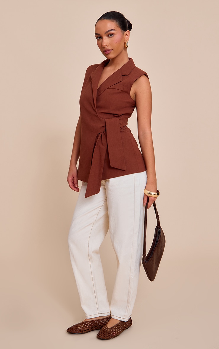 Rust Linen Look Tie Waist Waistcoat | Outerwear | PLT