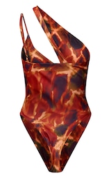 Rust Giraffe Print Asymmetric Swimsuit | Swimwear | PrettyLittleThing USA