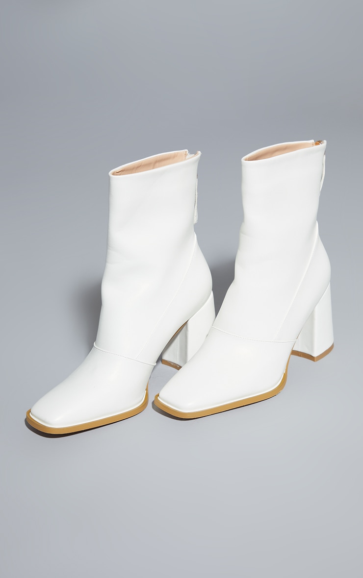 White Square Toe Panel Flare Low Block Ankle Boot | PrettyLittleThing