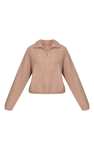 Taupe Half Zip Soft Knit Sweater | Knitwear | PrettyLittleThing USA