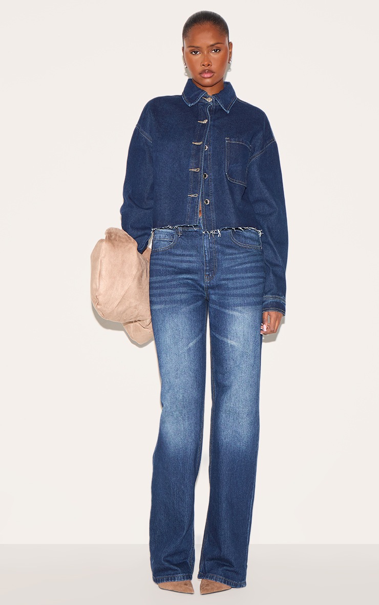 Indigo Raw Hem Cropped Denim Shirt | Denim | PrettyLittleThing USA