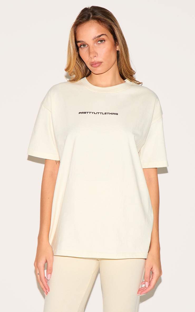 PRETTYLITTLETHING Beige Printed Oversized T-shirt | Co-ords | PrettyLittleThing KSA