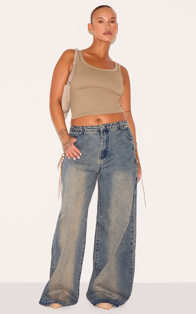 Plus Dark Blue Wash Lace Up Detail Wide Leg Jeans | Plus Size | PLT