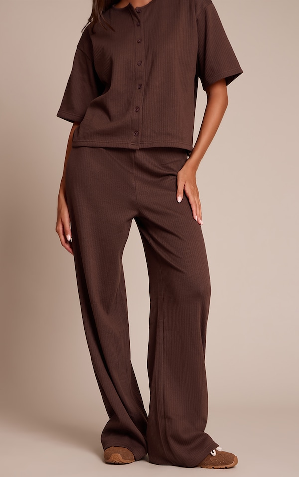Chocolate Brown Rib Wide Leg Trouser | Co-ords | PLT