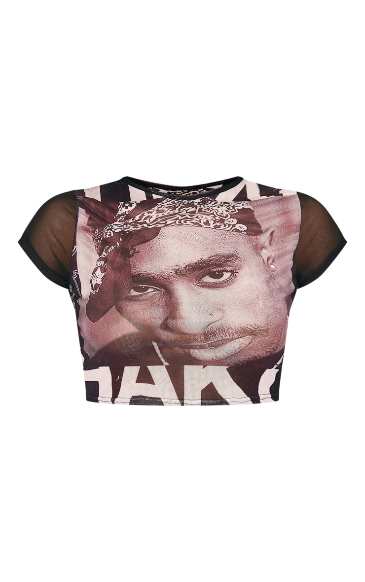 Black Fitted Tupac Print Cropped T Shirt | Tops | PLT