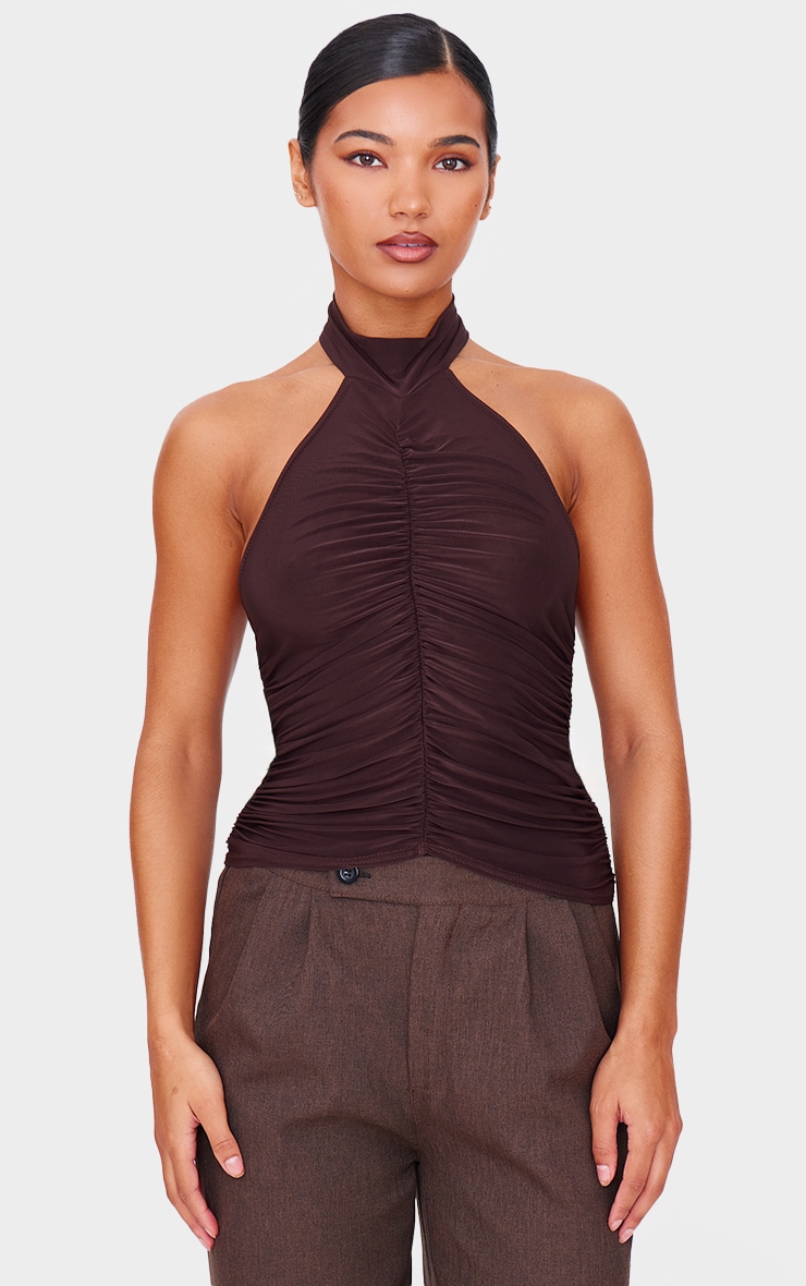 Chocolate Slinky Ruched High Neck Long Top | Tops | PrettyLittleThing USA