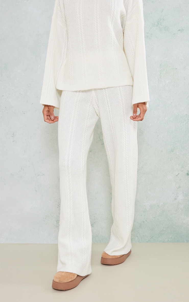 Off White Brushed Feel Cable Knit Trousers | Knitwear | PLT