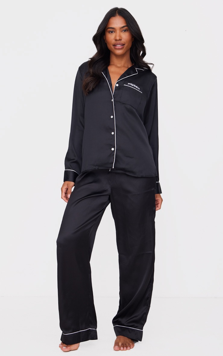 Plt Black Contrast Piping Satin Long Pj Set | PrettyLittleThing USA