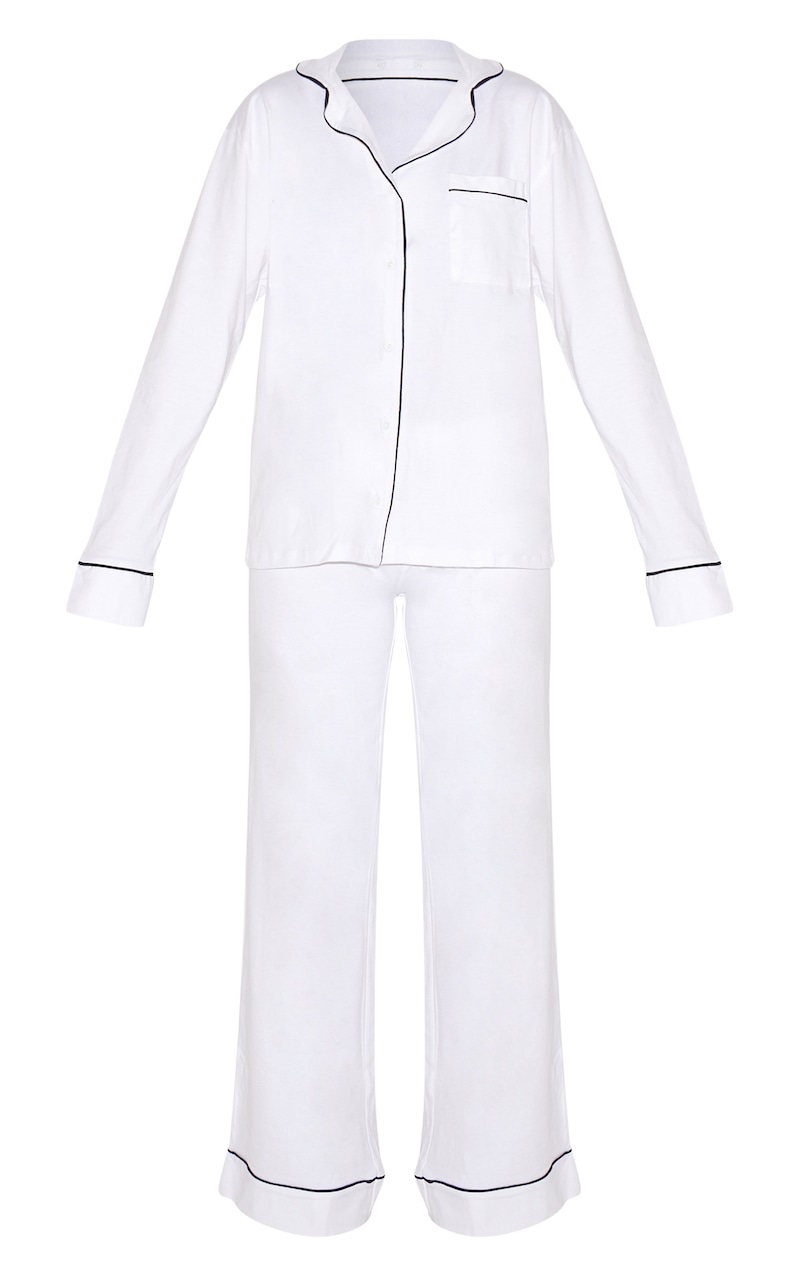 White Jersey Piping Detail Long PJ Set | Lingerie & Nightwear | PLT