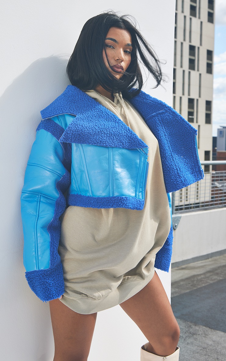 Blue PU Boned Waist Borg Lined Crop Aviator Jacket | Outerwear ...